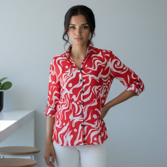 Ali Miles | Tops | Ali Miles Red And White Swirls With Black Edging ...